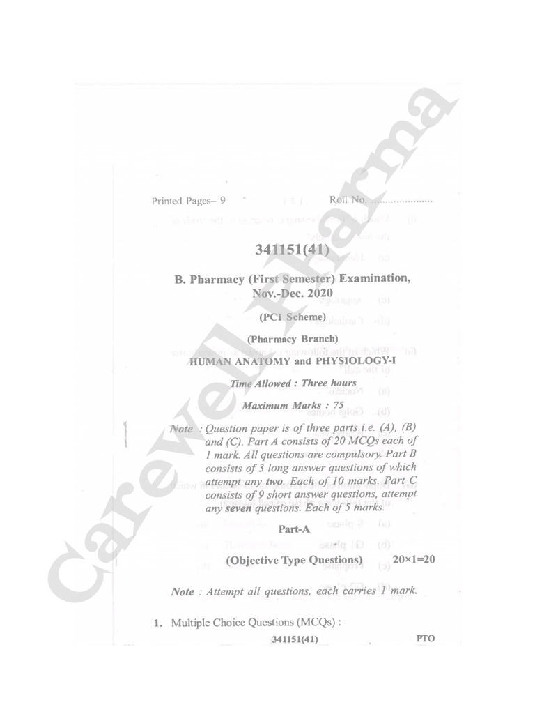 1st Sem, CSVTU Previous Year Question Paper, Carewell Pharma | PDF ...