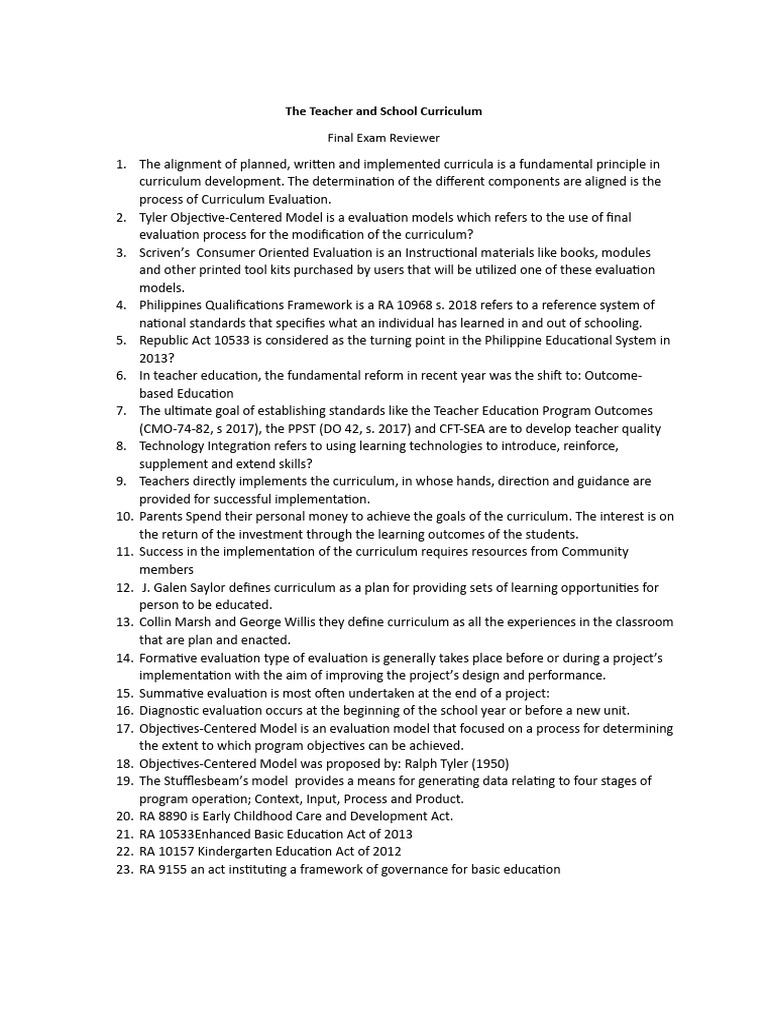 THE TEACHER AND THE CURRICULUM Final Exam Reviewer | PDF | Curriculum ...