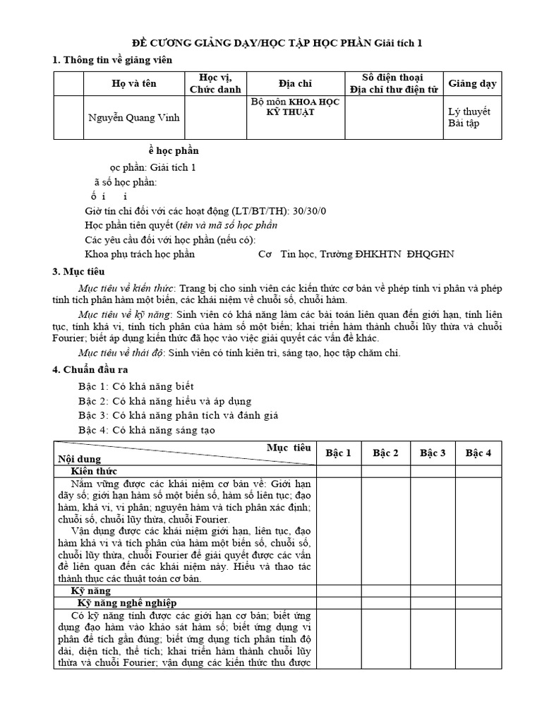 De Cuong Hoc Phan Giai Tich 1 (MAT1041-20) | PDF