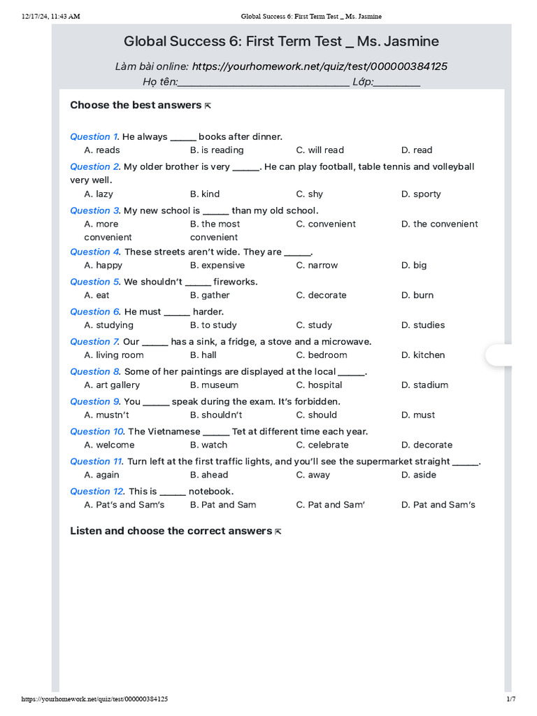 Global Success 6: Term 1 Test | PDF | Classroom