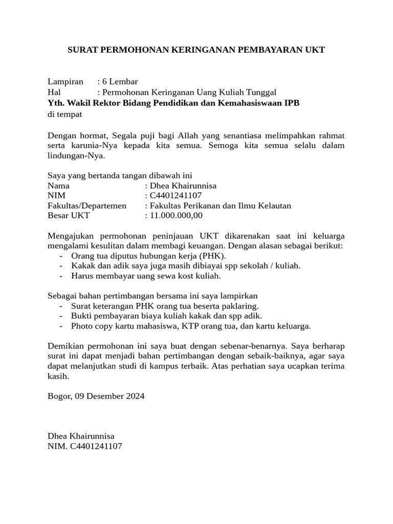 Surat Permohonan Keringanan UTK IPB | PDF