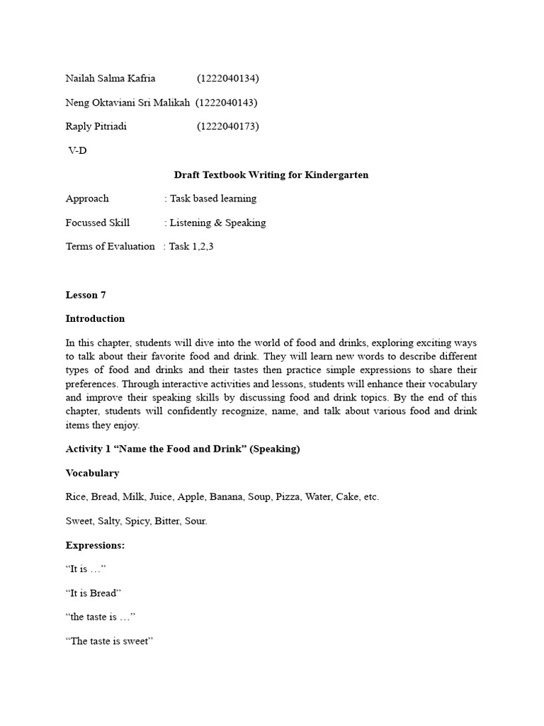 Draft 1 Textbook For Kindergarden Class D Lesson 7&8 | PDF | Taste | Foods
