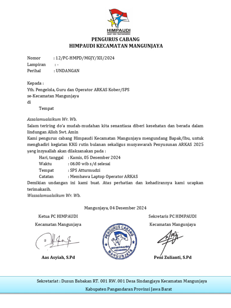 Undangan KKG Bulanan Himpaudi Mangunjaya | PDF