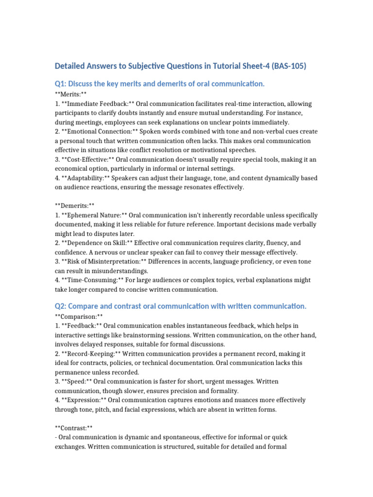 Complete Subjective Answers BAS-105 | PDF | Communication | Nonverbal ...