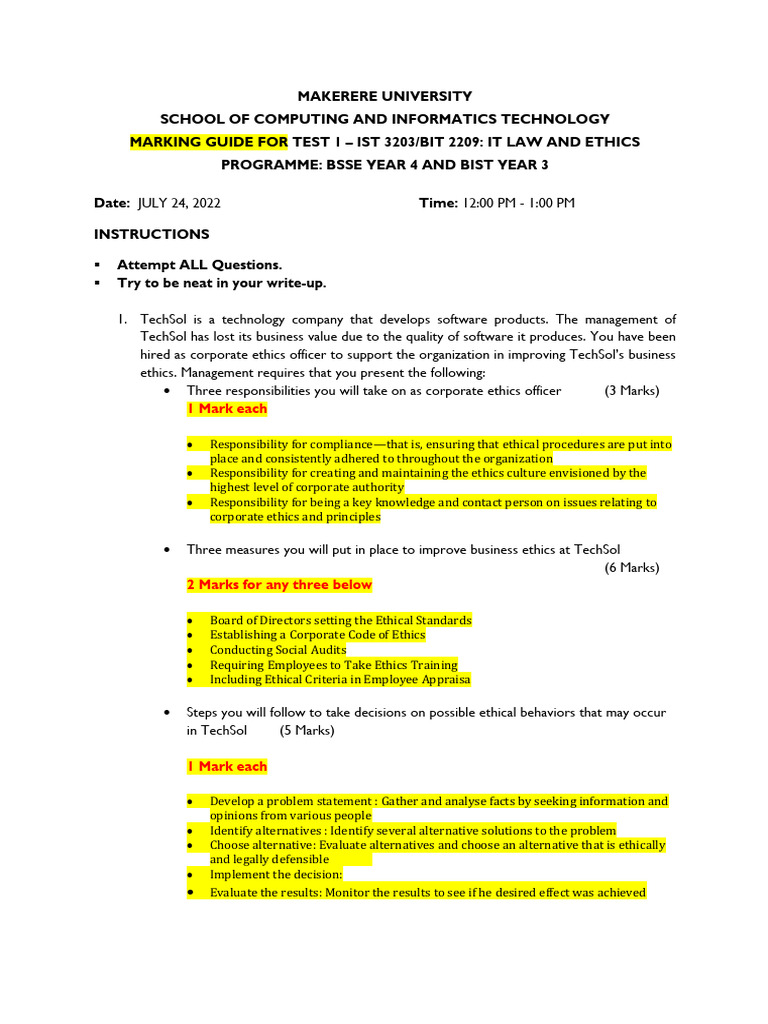 Marking Guide For Test 1 IT Law Test VR 2 Final | PDF | Information ...
