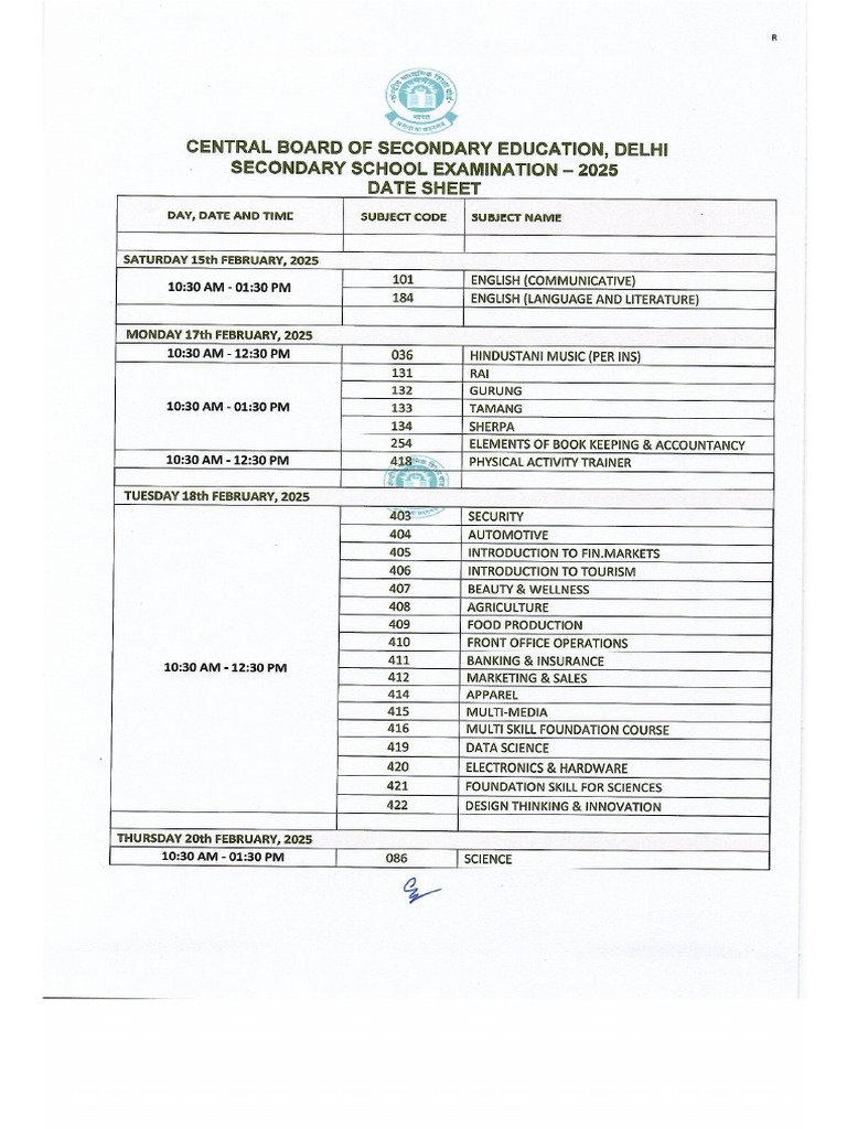 Date Sheet Main Exam 2025 20112024 | PDF