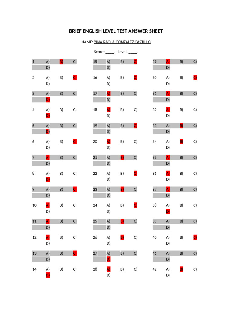 BRIEF ENGLISH LEVEL TEST Answer Sheet | PDF