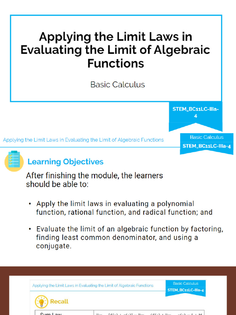 Lesson 4 - Applying the Limit Laws in Evaluating the Limit of Algebraic Functions | PDF