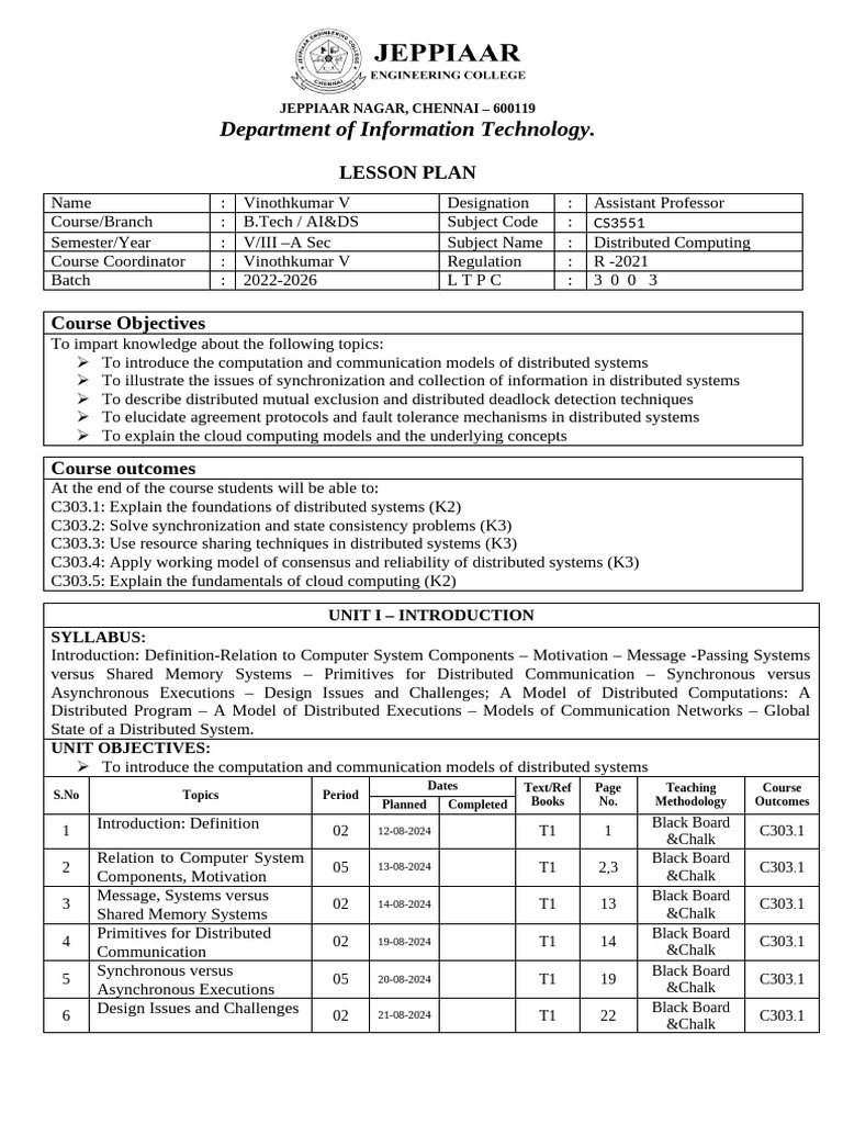 Distributed Computing Lesson Plan CS3551 JEC | PDF | Distributed Computing | Concurrency ...