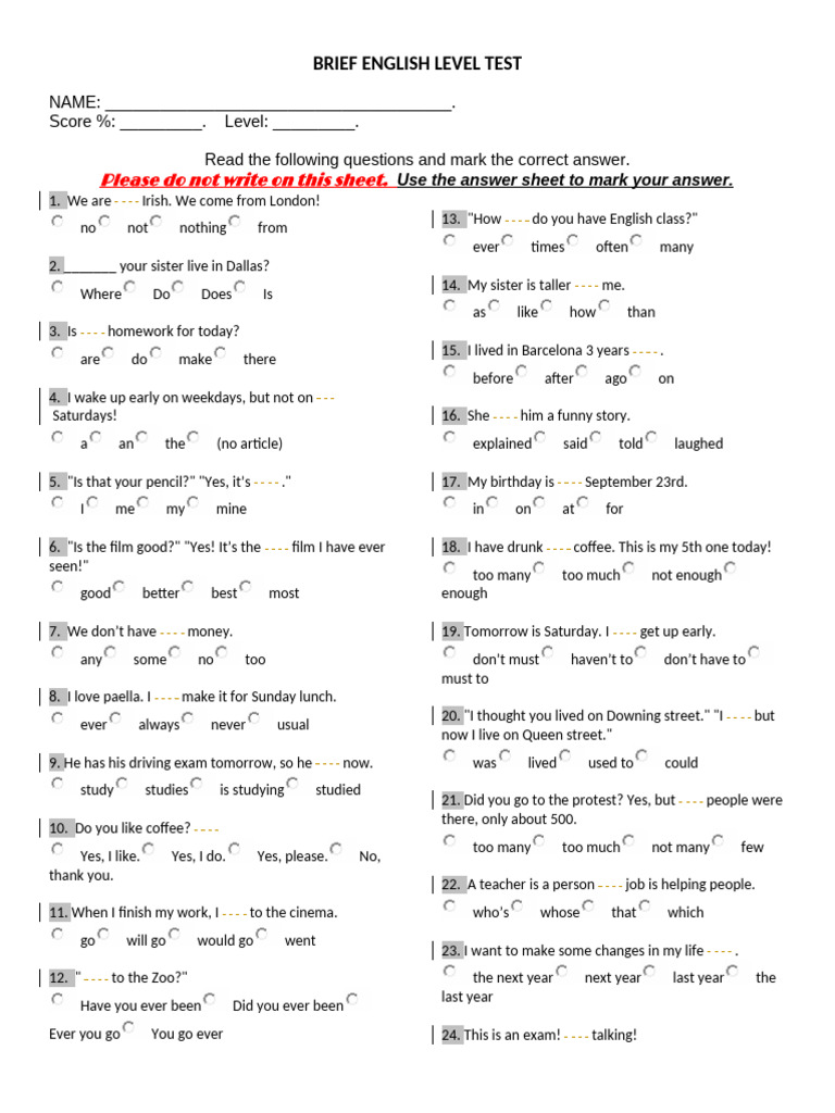 Brief English Level Test | PDF