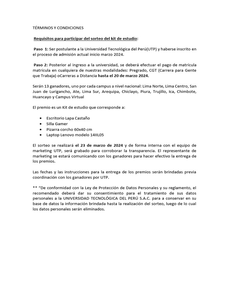 Terminos Condiciones-sorteo Kit | PDF