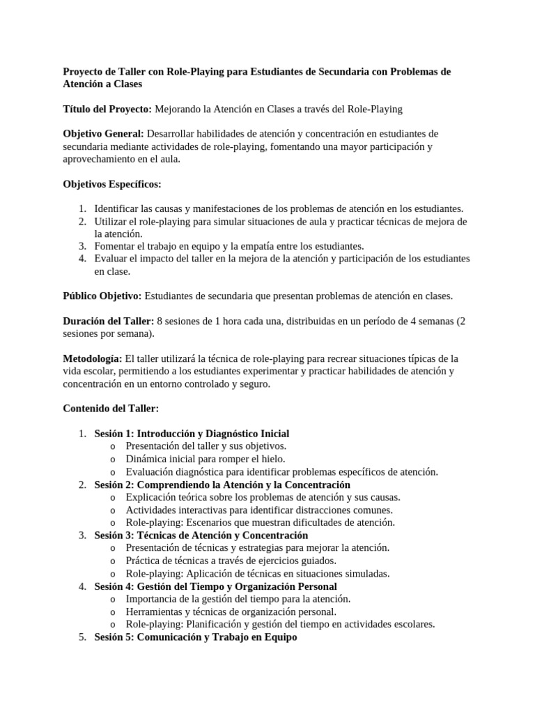 Taller de Role-Playing para Mejorar Atención | PDF | Evaluación ...