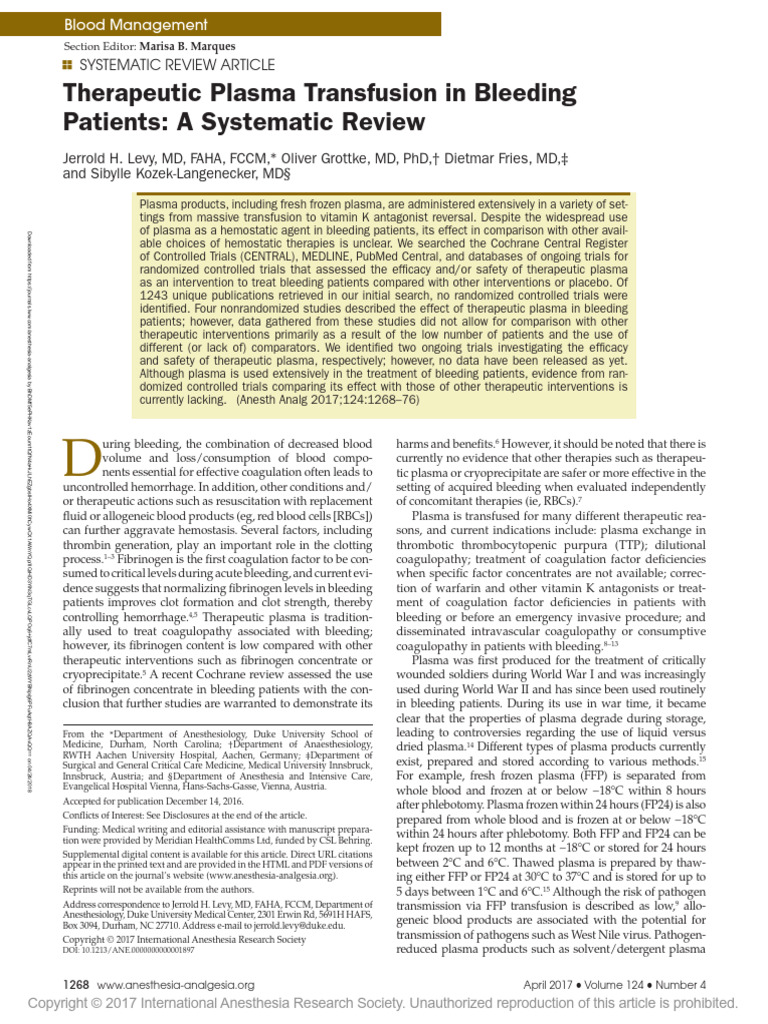Therapeutic Plasma Transfusion in Bleeding.37 | PDF | Coagulation | Bleeding