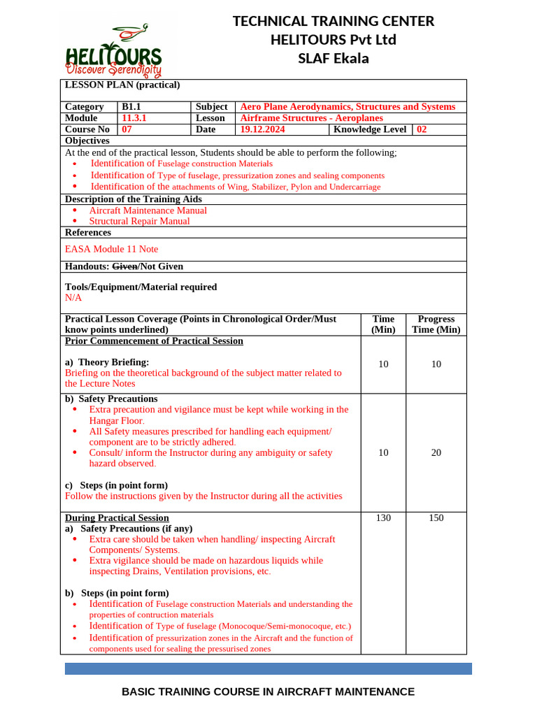 Practical Lesson Plan Mod 11.3.1 - 19.12.2024 | PDF | Fuselage | Aircraft