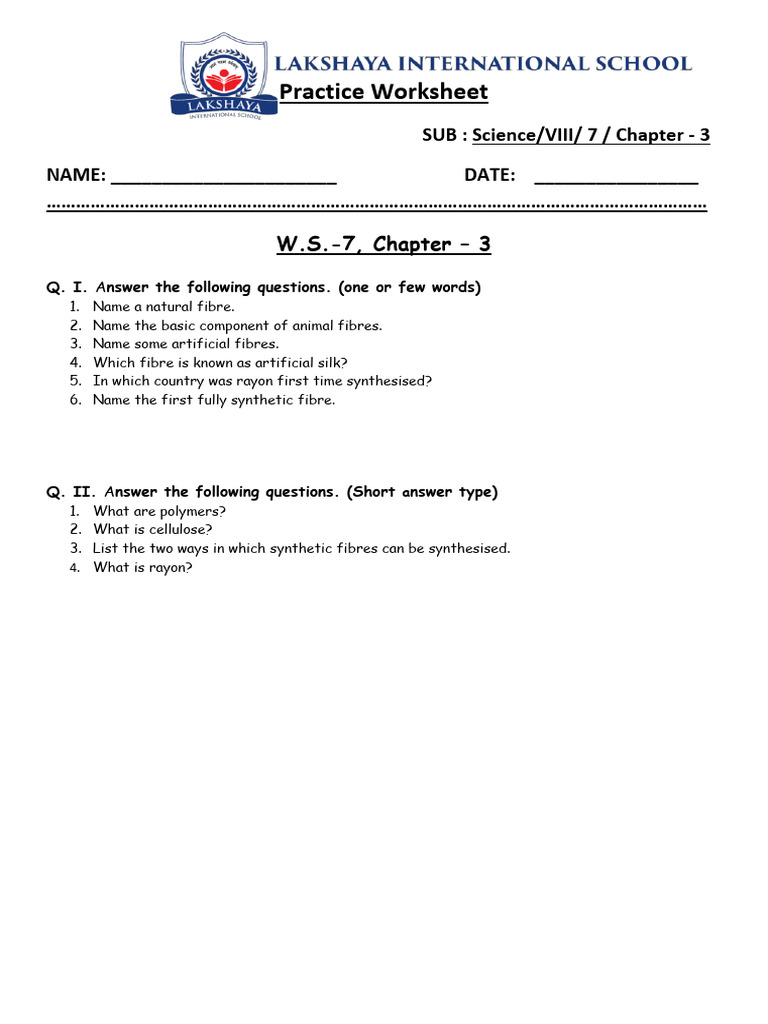 Science Practice Worksheets on Fibres | PDF | Fibers | Plastic