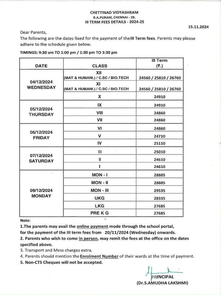 III TERM Fees Circular-2024-25 | PDF