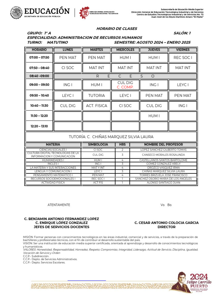Horarios de Clases CETIS 72 2024-2025 | PDF | Educación en artes liberales