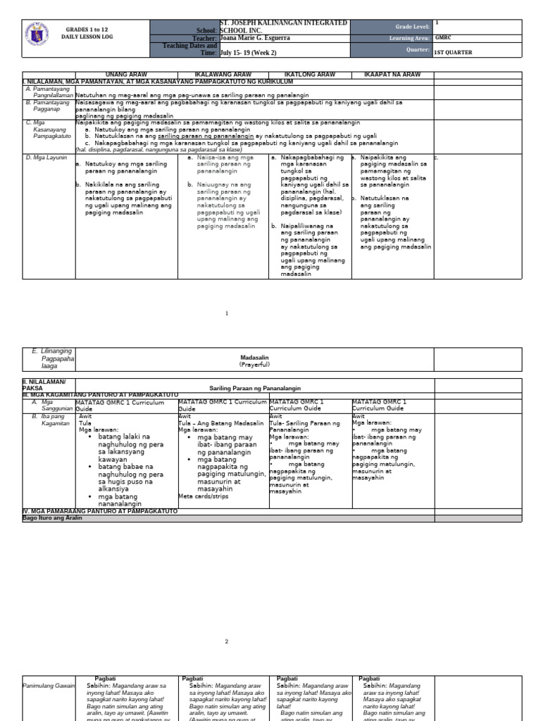 Dll-Matatag GMRC-1 Q1 W5 | PDF