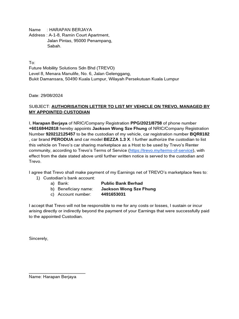 Custodian Authorisation Letter LOA (2023) | PDF