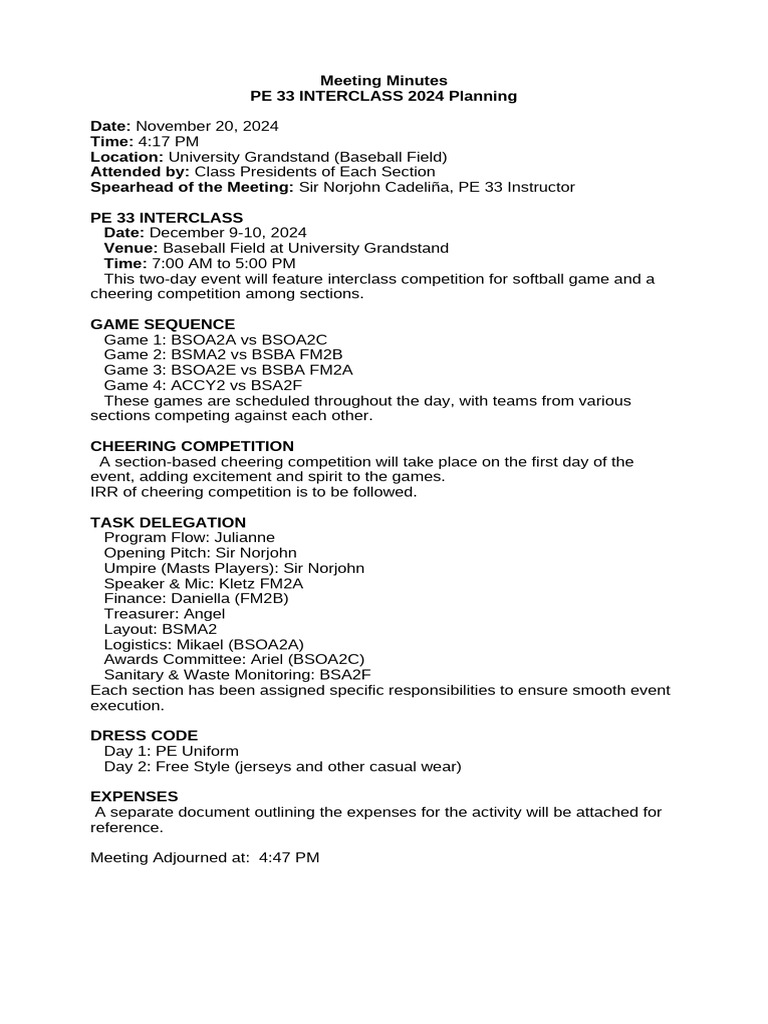Pe 33 Interclass Meeting Minutes | PDF
