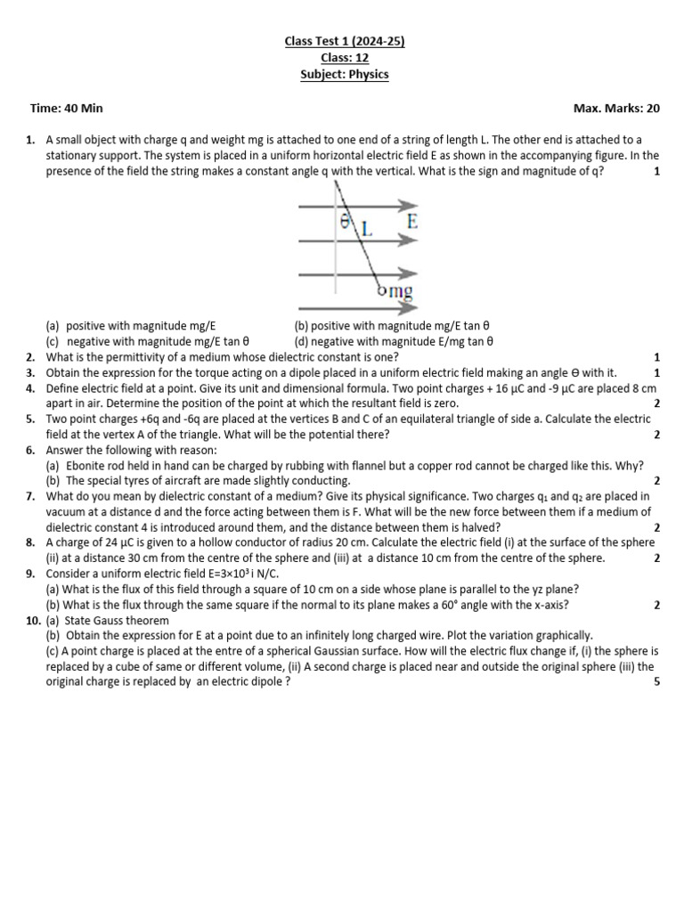 Class 12 Physics Test 2024-25 | PDF | Sphere | Electric Field