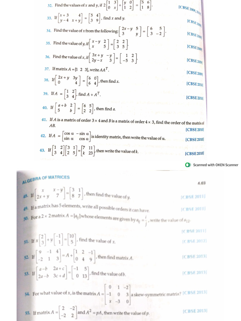 Practice Sheet For Matrices | PDF