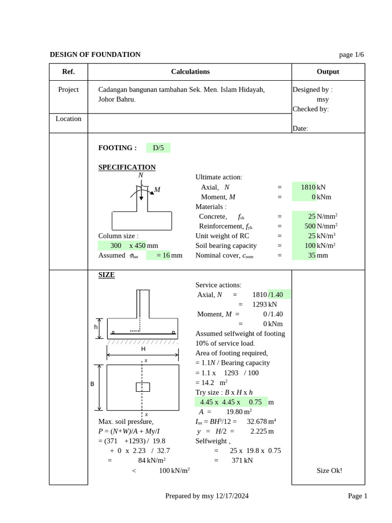 Foundation Design Calculations for School | PDF | Solid Mechanics ...