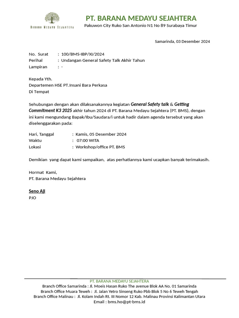 Undangan Upacara General PT - BMS (Dep. H & S) | PDF