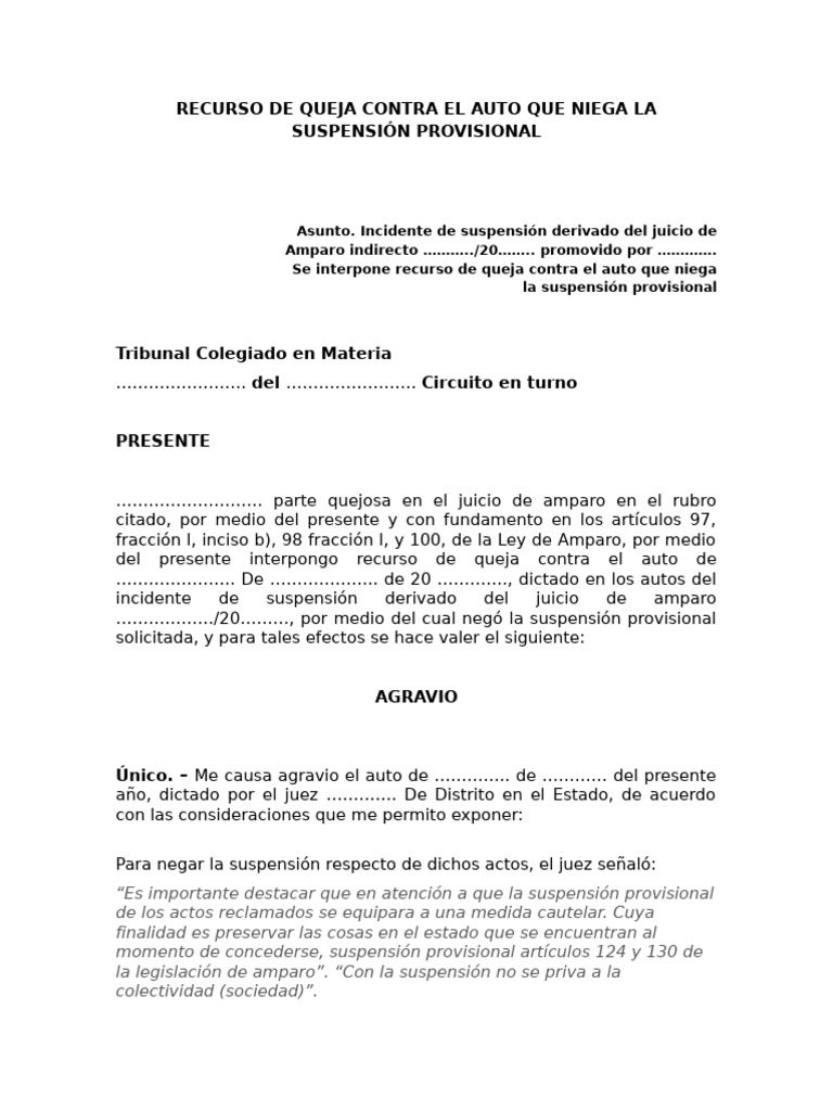 Recurso de Queja Contra El Auto Que Niega La Suspensión Provisional | PDF | Separación de ...
