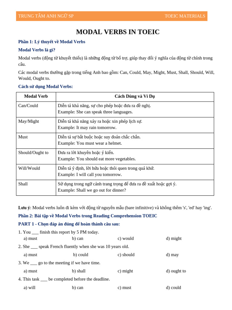 Modal Verbs For TOEIC | PDF