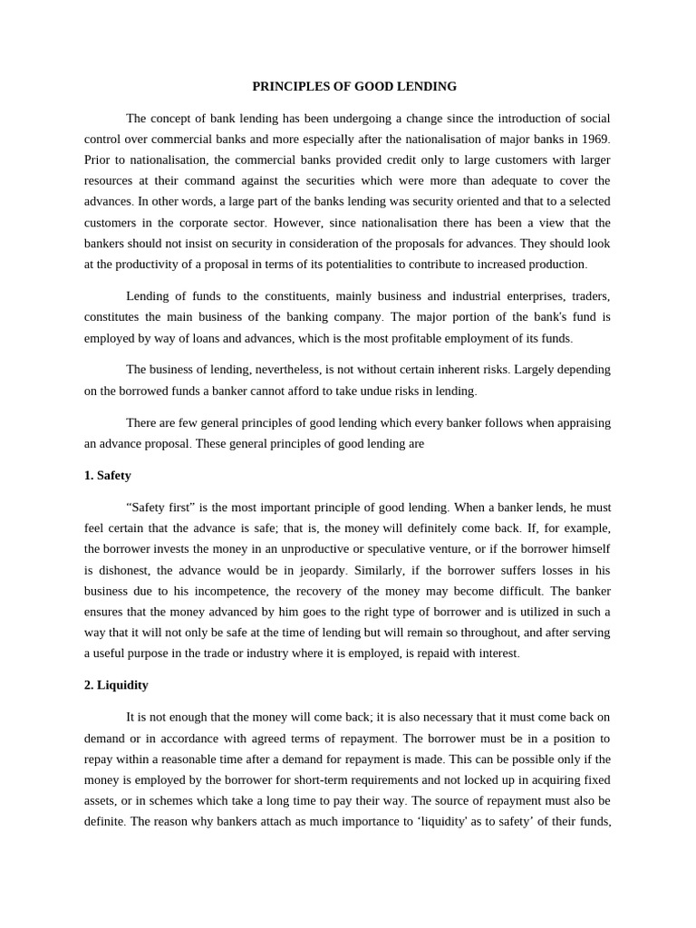 PRINCIPLES OF GOOD LENDING | PDF | Banks | Loans