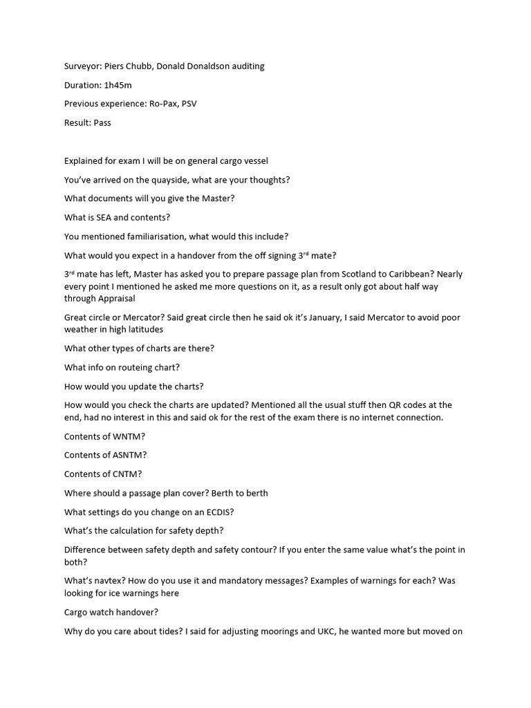 OOW (Unlimited) Orals Report - 2021-01 - Piers Chubb - Pass | PDF ...