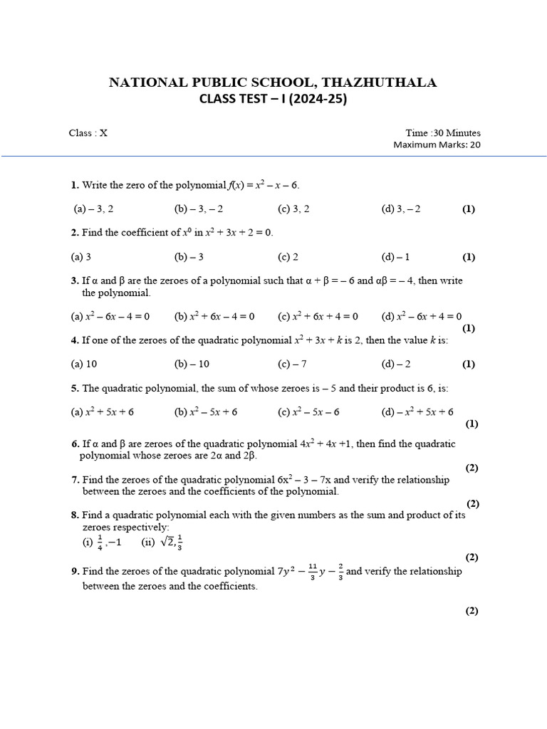 Nps Cbse 10 Polynomials QP Class Test 1 Final | PDF | Polynomial ...