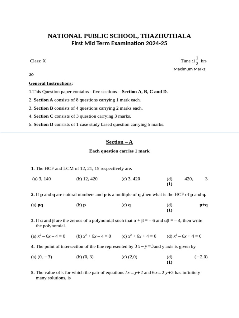 NPS CBSE 10 First Mid Term Examination 2024-2025 | PDF | Zero Of A Function | Speed