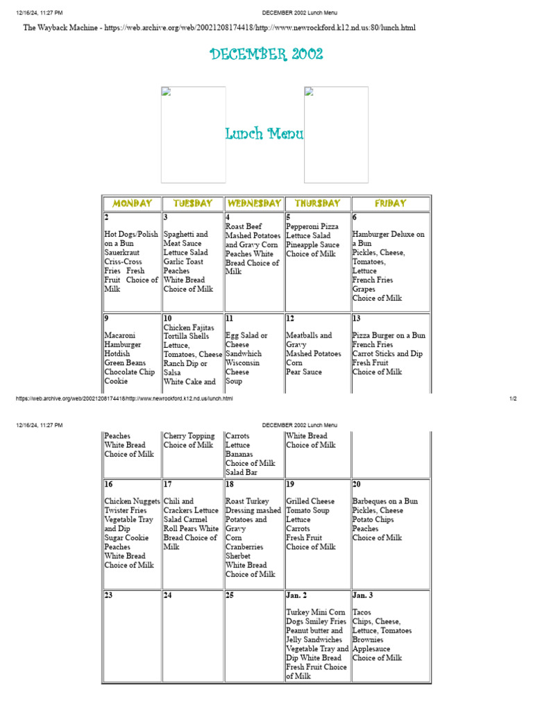 December 2002 Lunch Menu | PDF | Hamburgers | Cooking