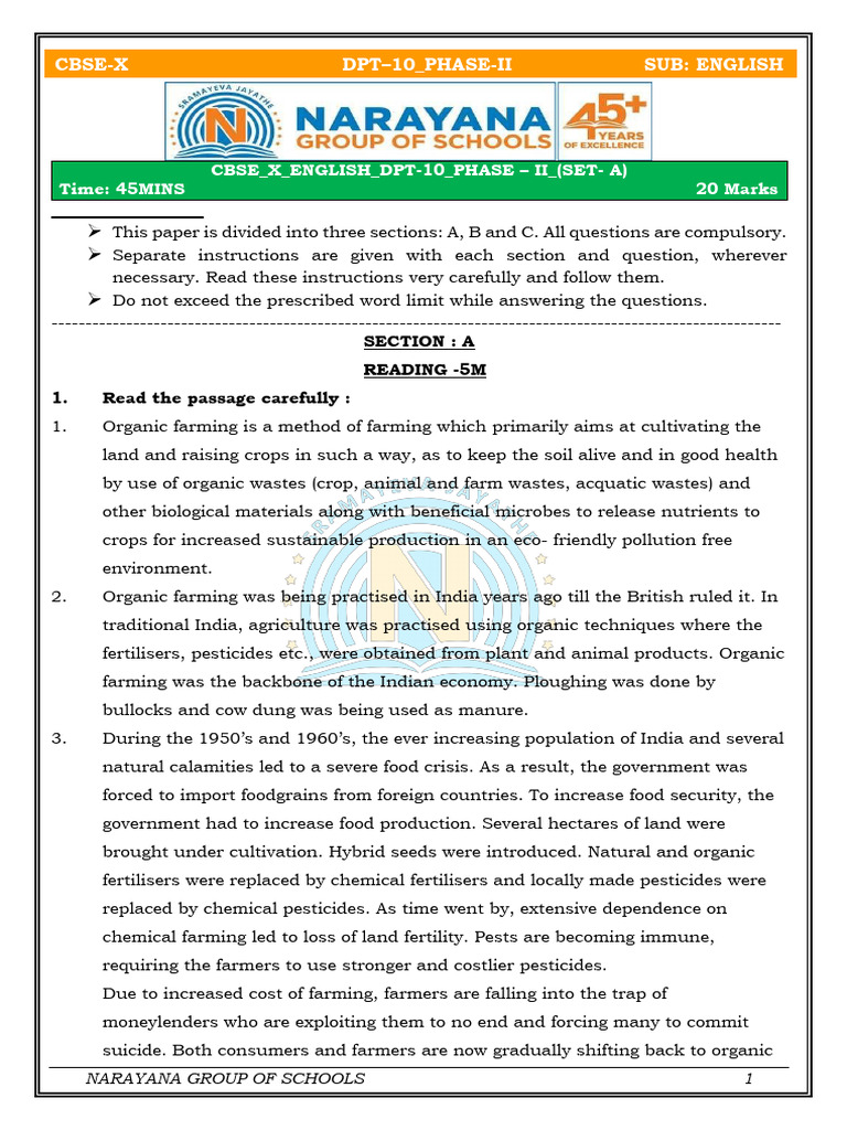 Cbse x English Dpt-10 Phase-II Set-A 12-12-2024 Qp | PDF | Agriculture | Organic Farming
