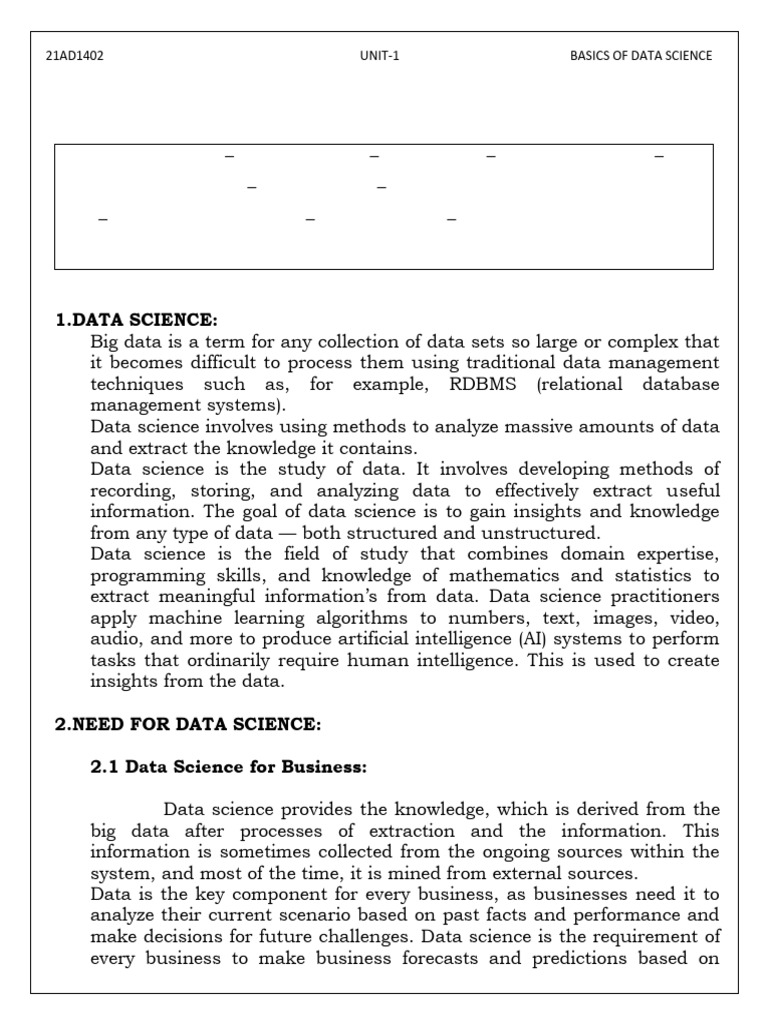 UNIT I | PDF | Data Science | Data