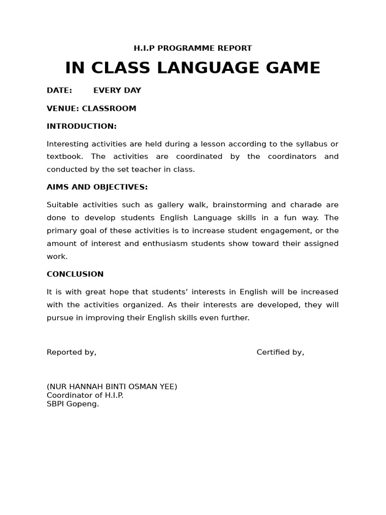 In Class Language Game Report | PDF