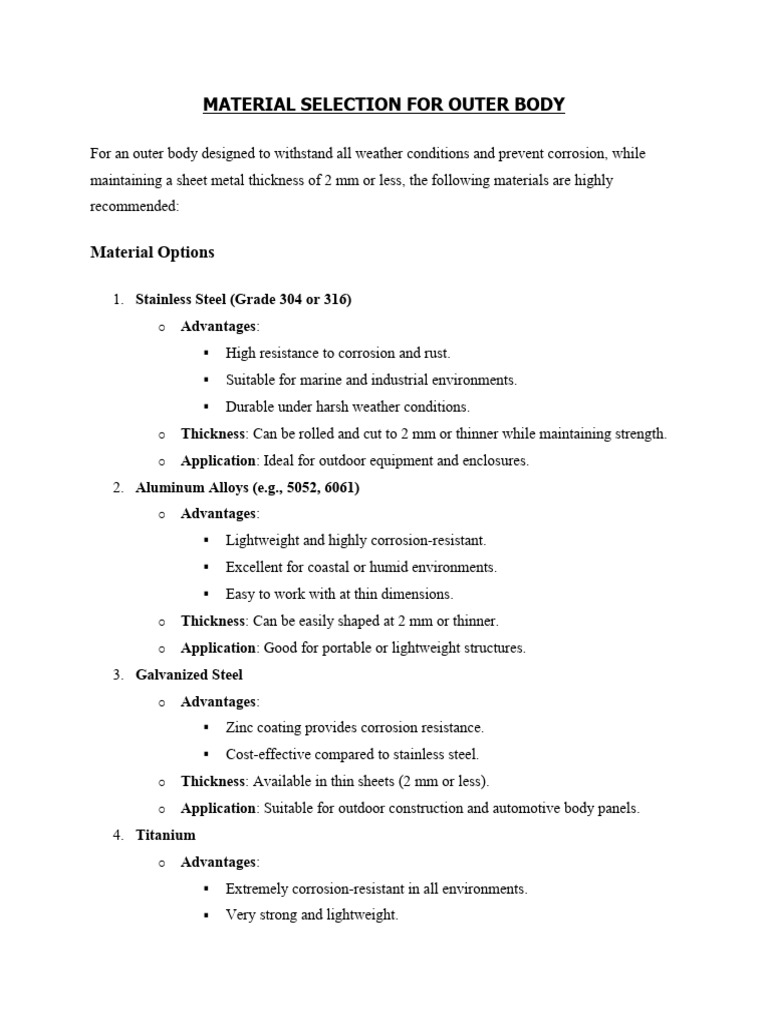 MATERIAL SELECTION FOR OUTER BODY | PDF | Corrosion | Steel