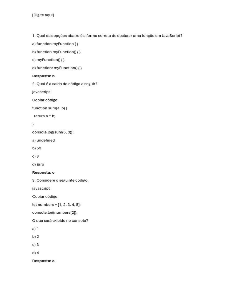 Questões sobre JavaScript e Funções | PDF | Script Java | Programação ...