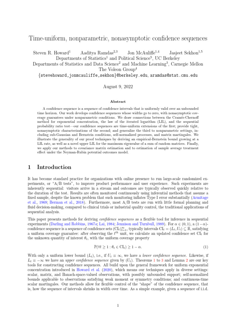 Time-uniform, Nonparametric, Nonasymptotic Confidence Sequences | PDF | Confidence Interval ...