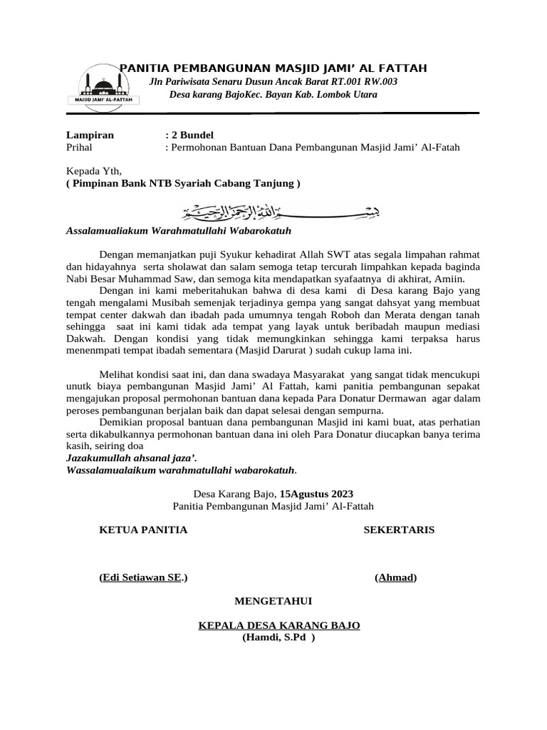Proposal Masjid Jami'Al Fattah | PDF