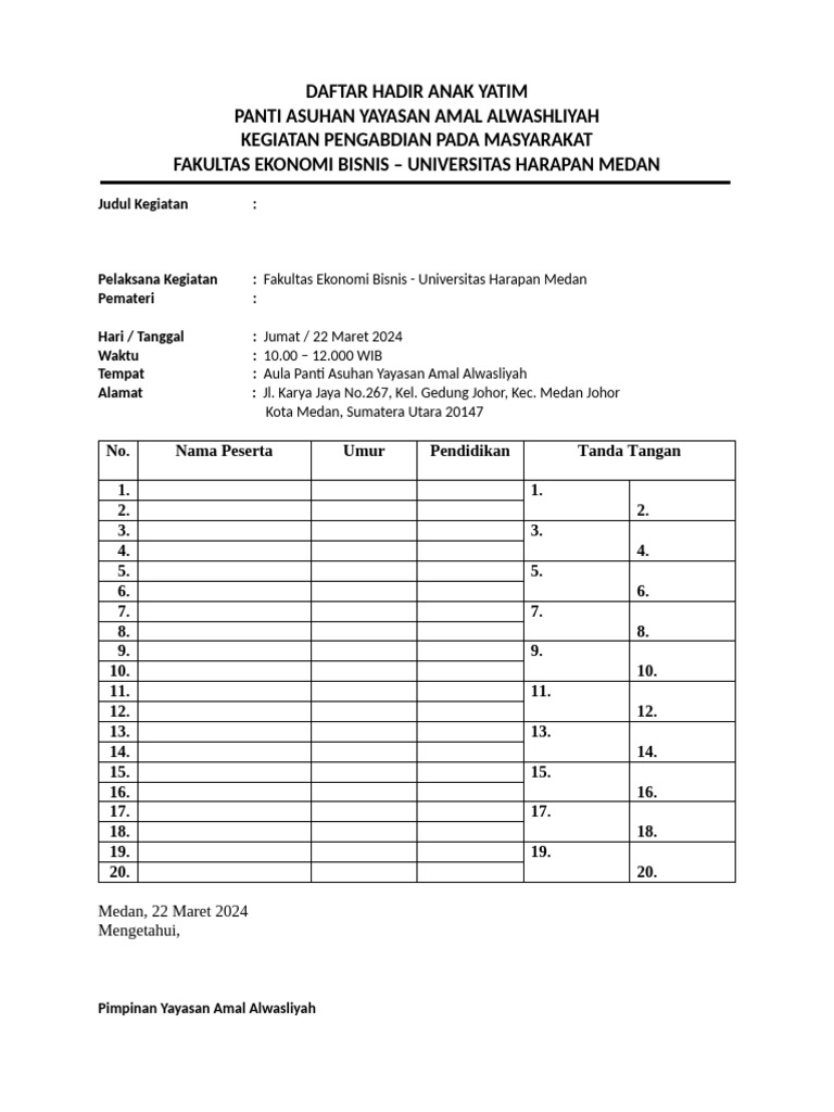 Absensi Daftar Hadir Anak Yatim(Kosong Pemateri) | PDF