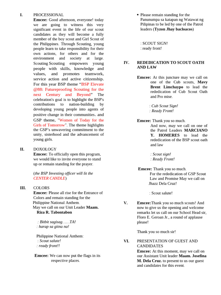 FINAL SCRIPT EMCEE FOR INVESTITURE PROPER 2024 | PDF