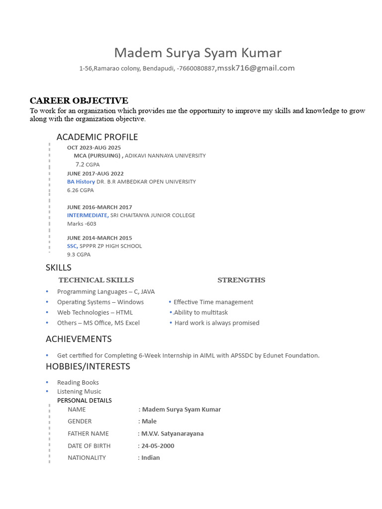 Madem Surya Syam Kumar's Resume | PDF