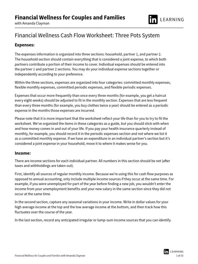 Three Pots Financial Wellness Cash Flow Worksheet | PDF | Expense | Pension