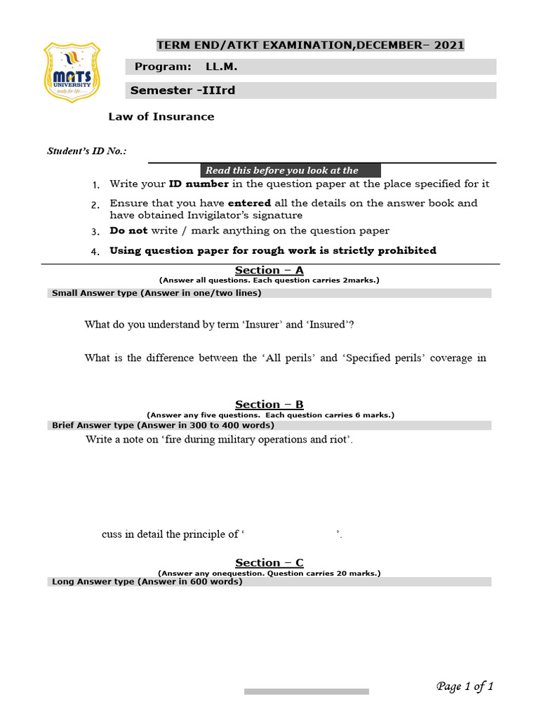 LL.M. Insurance Law Exam December 2021 | PDF | Insurance | Financial ...