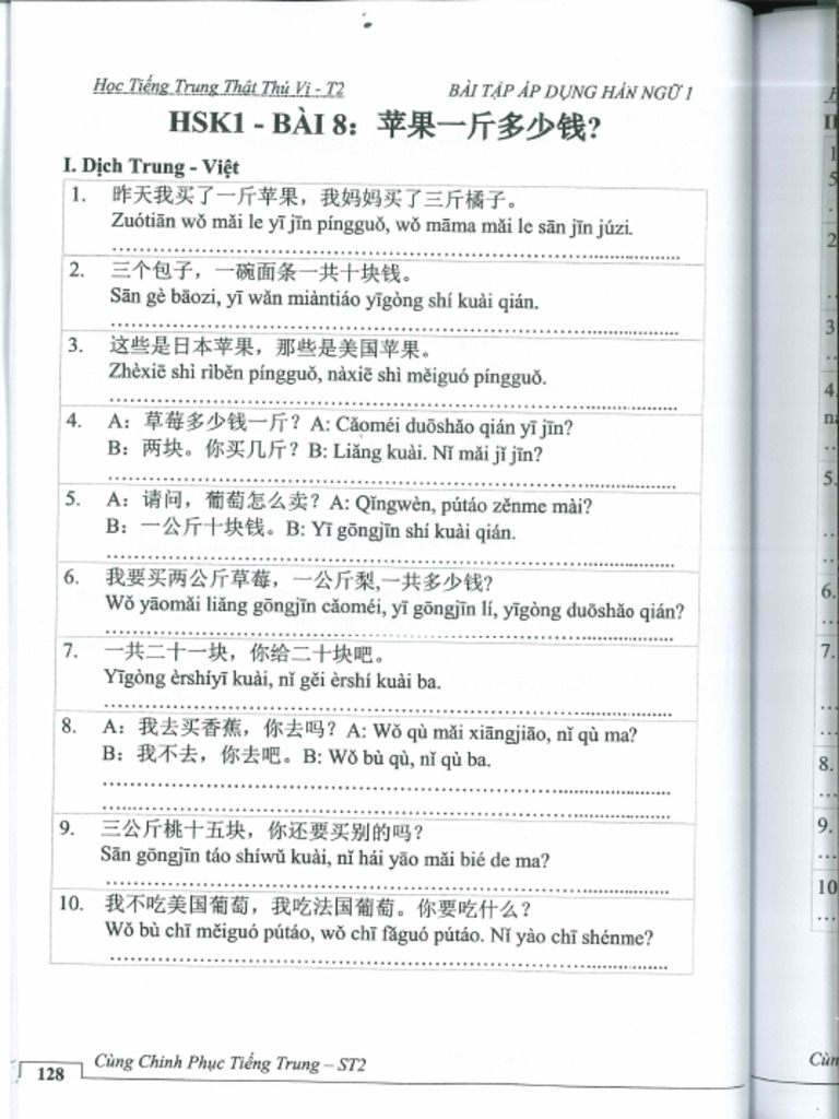 Bài Tập Dịch Bài 8 Hán 1 | PDF