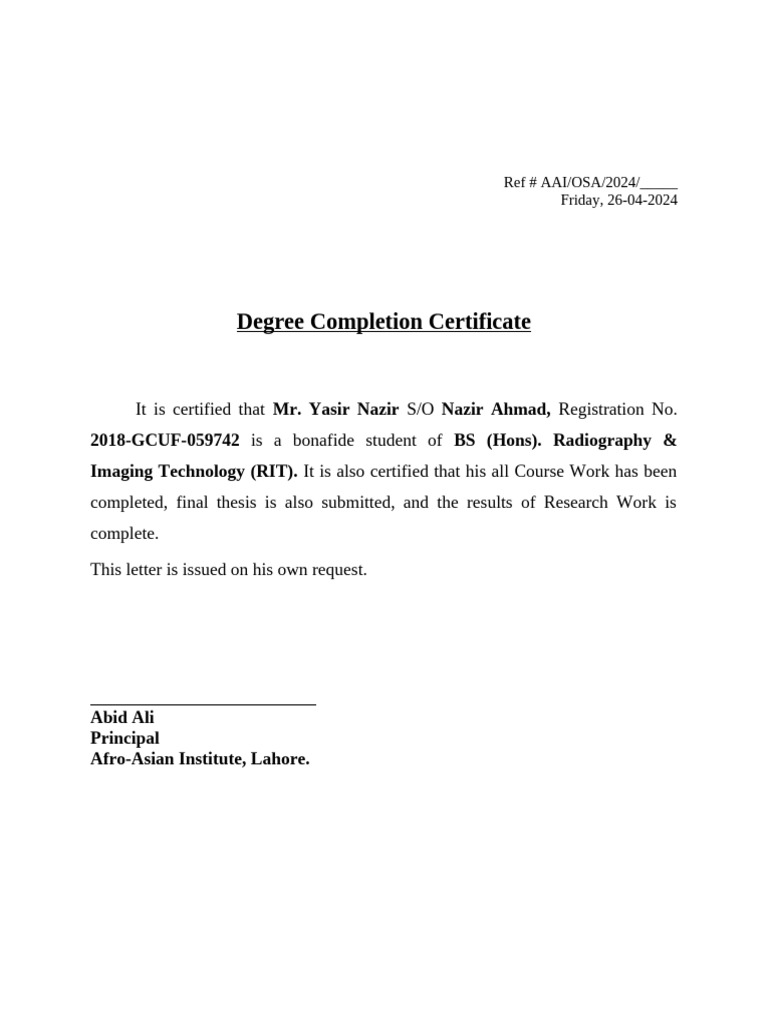 Yasir Nazir Degree Completion Certificate RIT-2018 | PDF