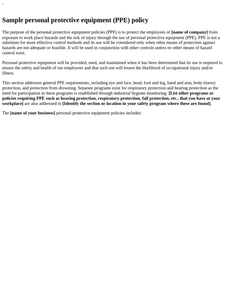 Sample Personal Protective Equipment (PPE) Policy - The Hanover ...